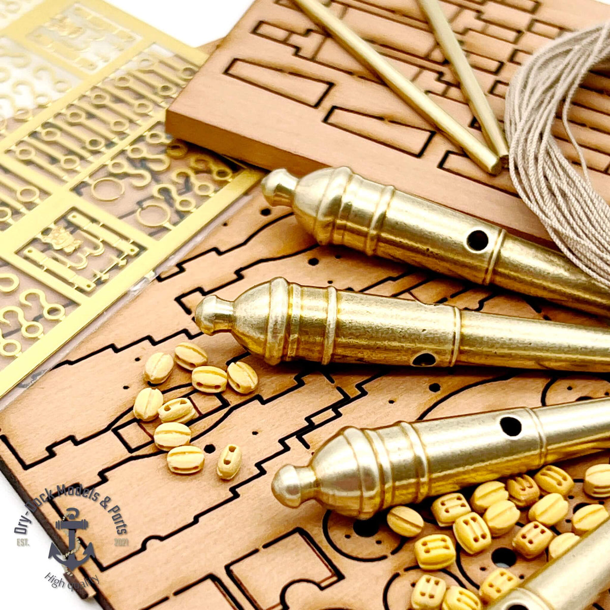 Complete Cannon carriage/Cannon/ Photo Etch/Rigging block and Rope Set ...